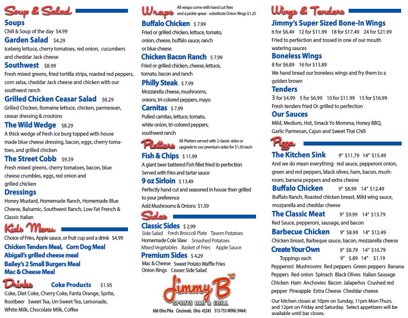Carryout Menu | Jimmy B's Sports Bar & Grill - Cincinnati