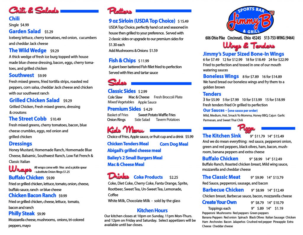 Carryout Menu | Jimmy B's Sports Bar & Grill - Cincinnati